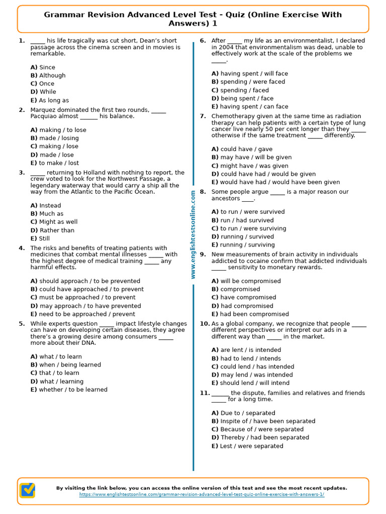 361 Grammar Revision Advanced Level Test Quiz Online Exercise With ...