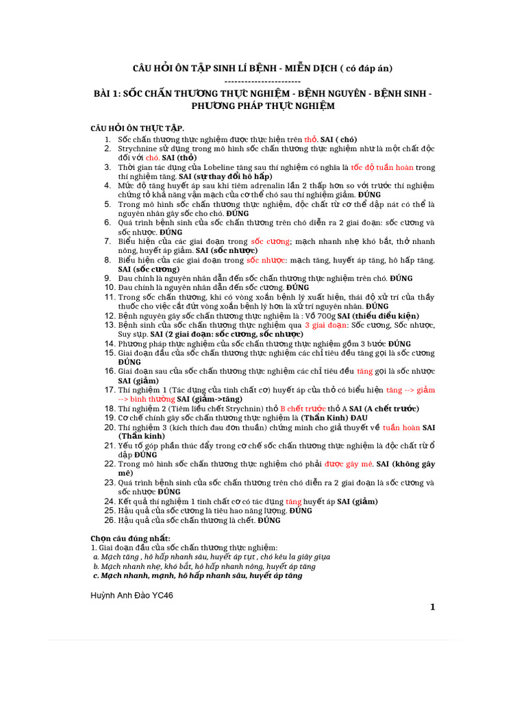 Cau Hoi On Tap Mon Sinh Ly Benh Mien Dich Dai Hoc y Duoc Can Tho 94168 | PDF