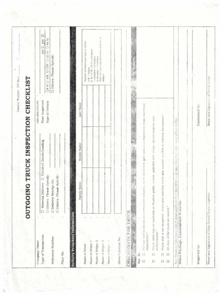 Outgoing Truck Inspection Checklist Form 2024 | PDF
