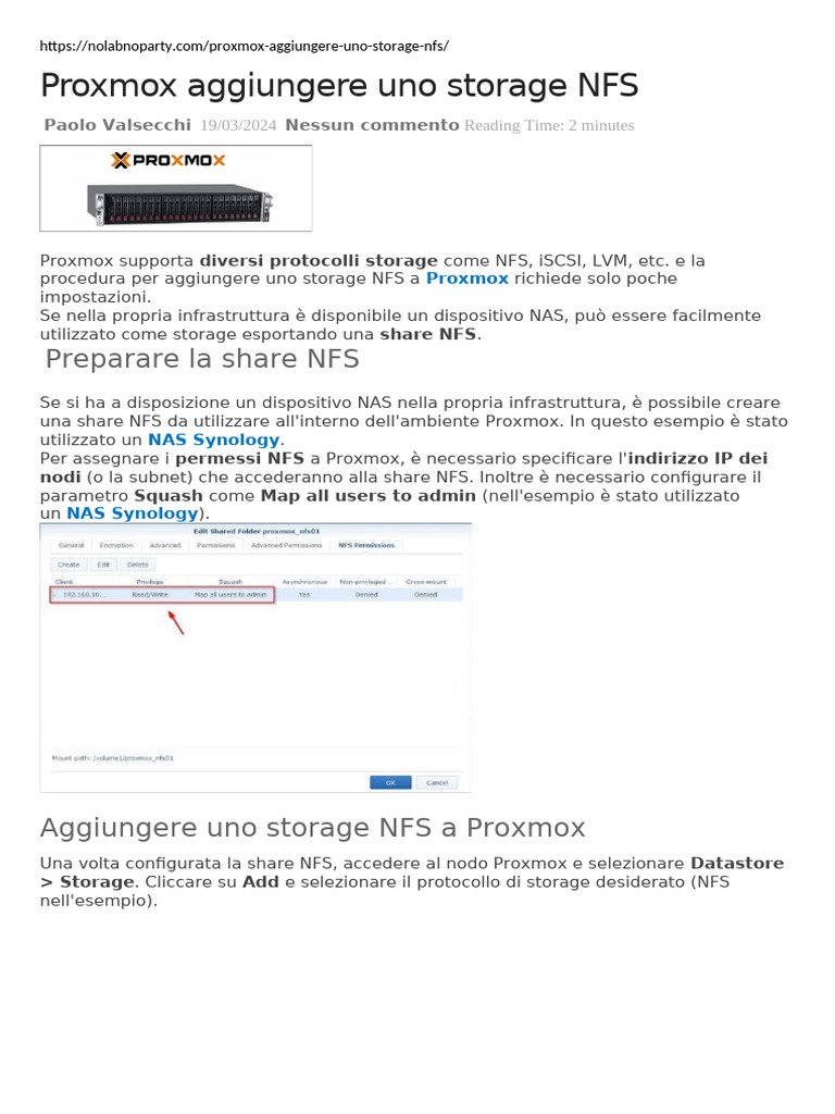 Proxmox aggiungere uno storage NFS | PDF