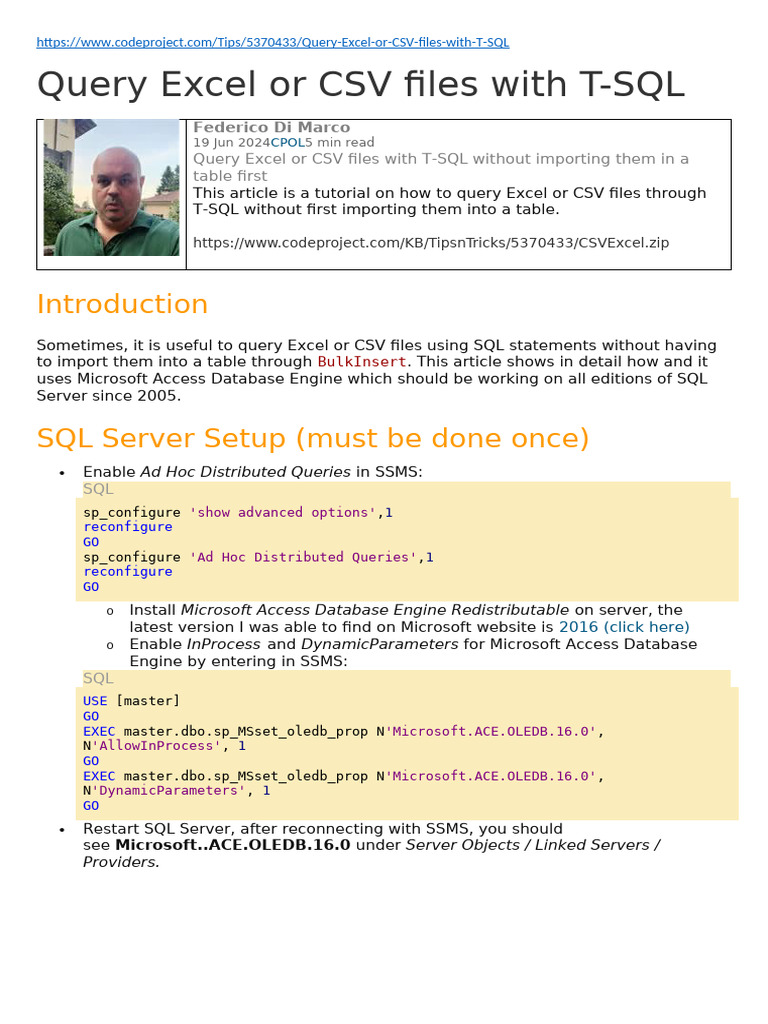Query Excel or CSV Files With T-SQL | PDF