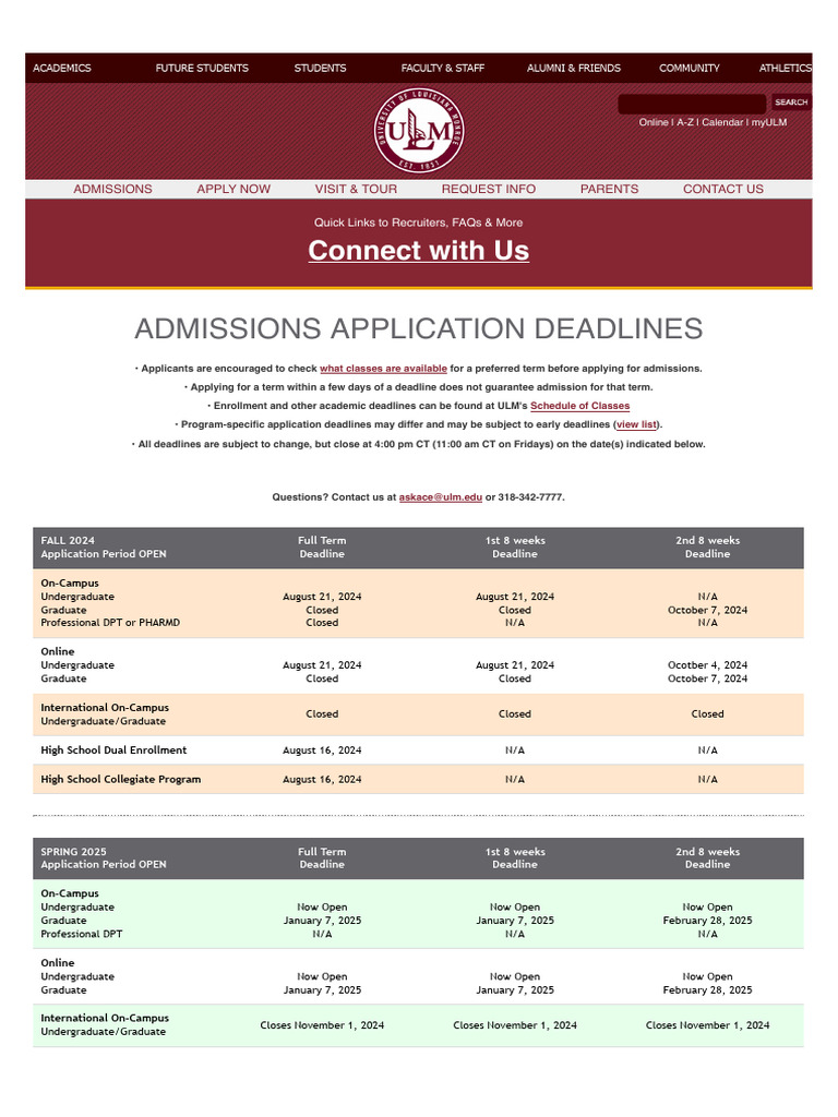 Application Deadlines - University of Louisiana M | PDF