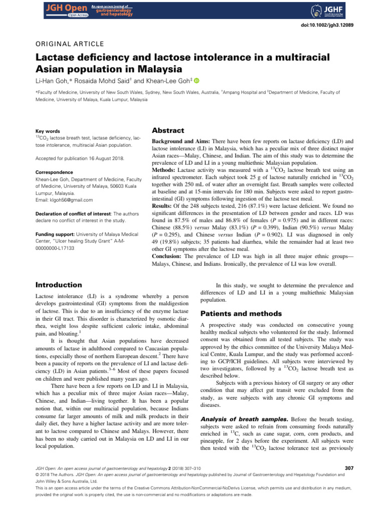 JGH - 2018 - Lactase Deficiency and Lactose Intolerance in A Multiracial | PDF