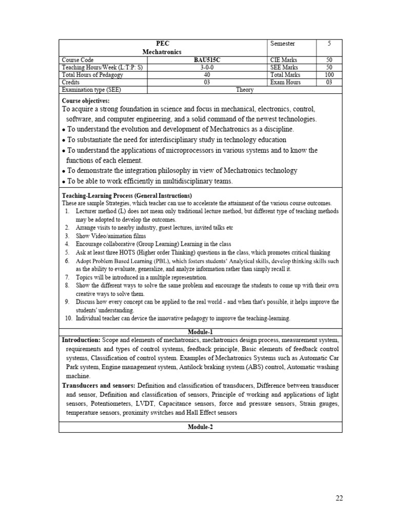 5th Sem Mechatronics Syllabus | PDF | Programmable Logic Controller | Technology & Engineering