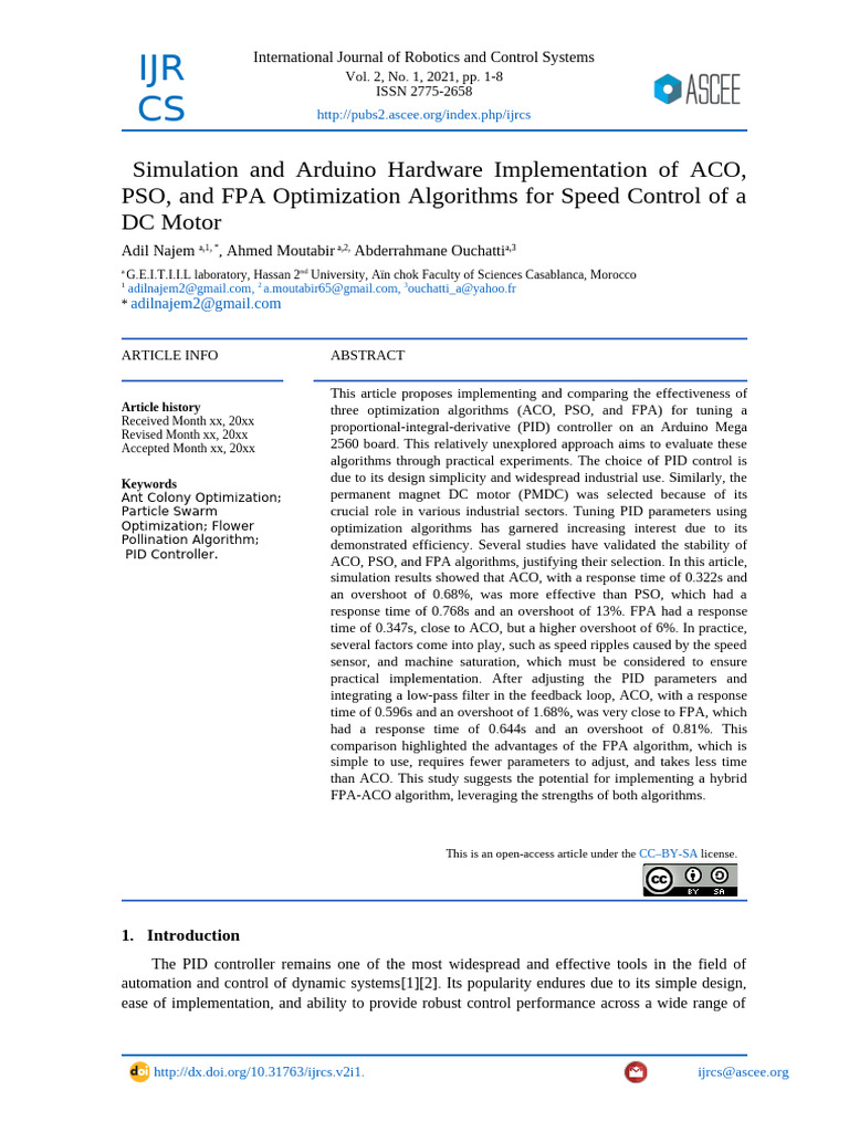 Simulation and Arduino Hardware Implementation of ACO, PSO, and FPA Optimization Algorithms For ...
