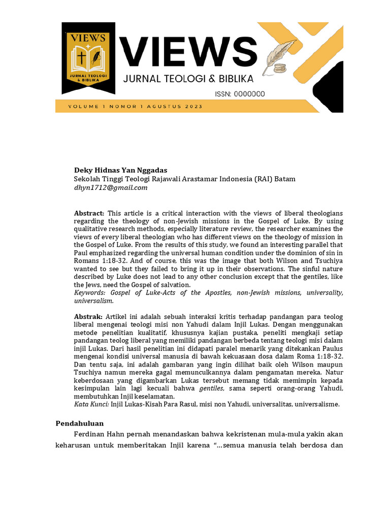 Teologi Misi Dalam Injil Lukas: Penundaan Sebagai Lensa Tafsir? | PDF