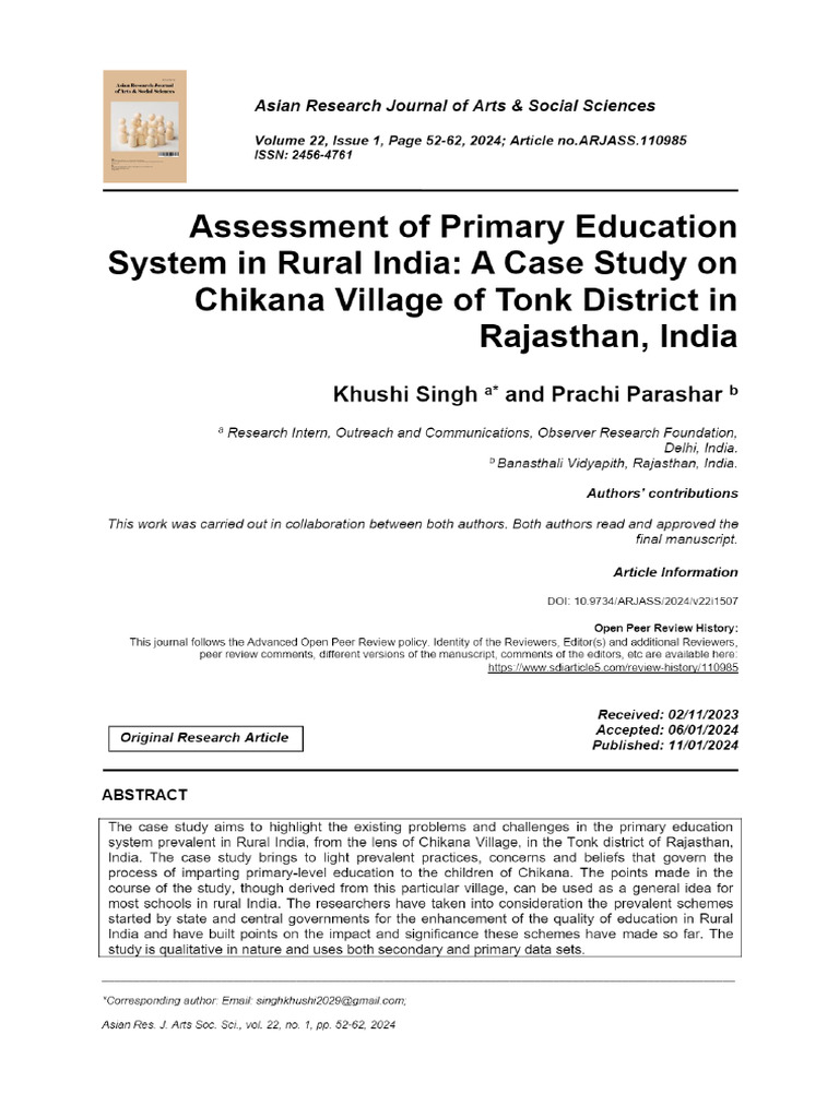 View of Assessment of Primary Education System in Rural India - A Case Study On Chikana Village ...