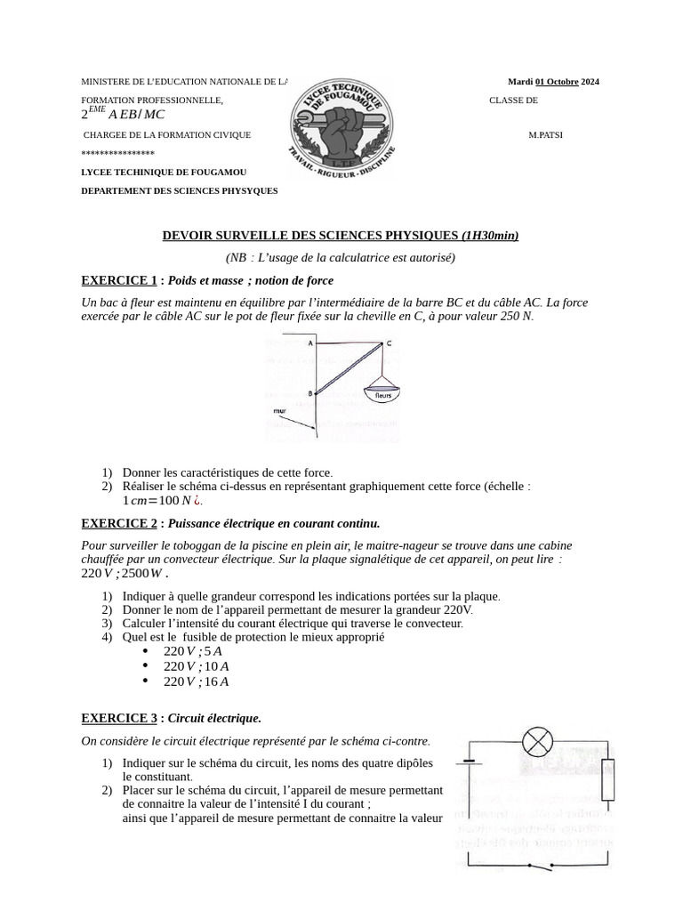 Devoir de Sciences Physiques 2eme A EBMC | PDF