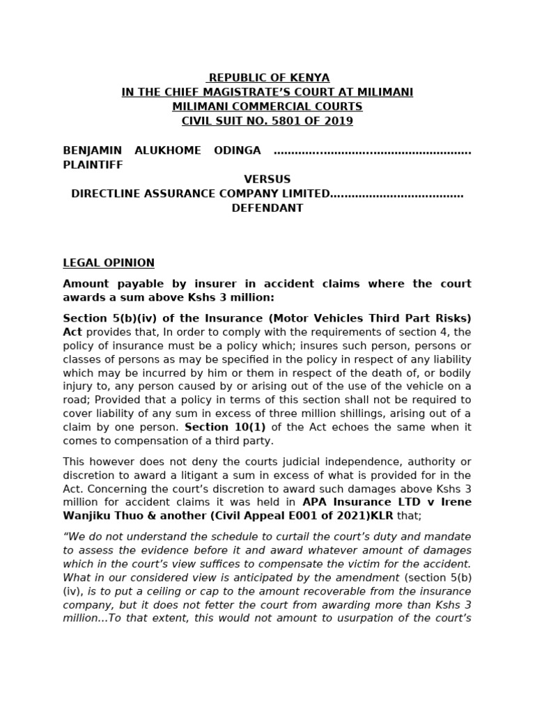Legal Opinion - Insurance Liability Beyond KSHS 3 Million | PDF