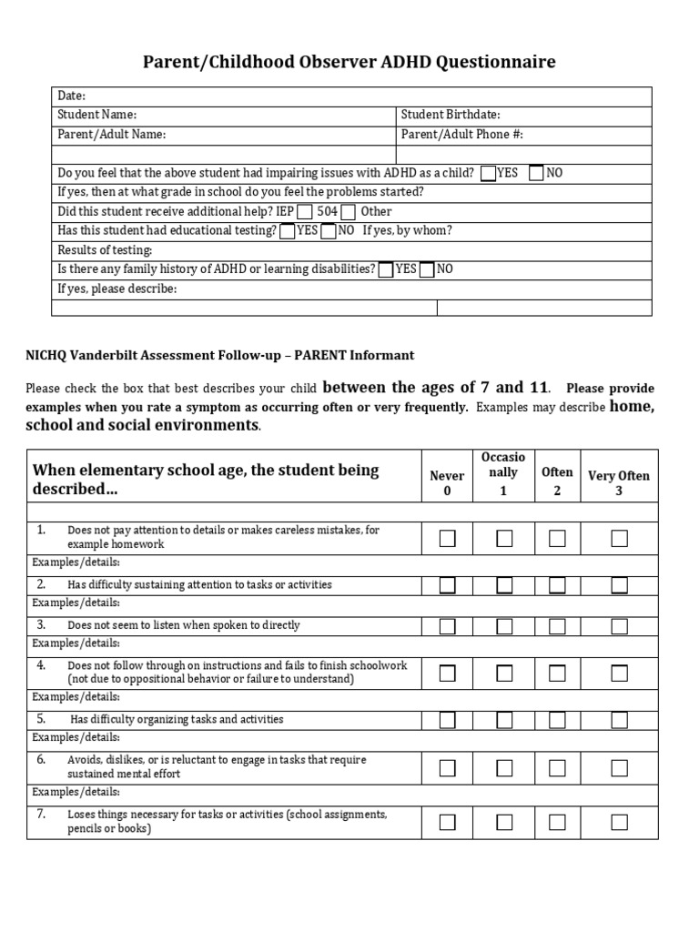 Parent-Childhood Observer Adhd Questionnaire - Fill in Form 1 1 0 | PDF