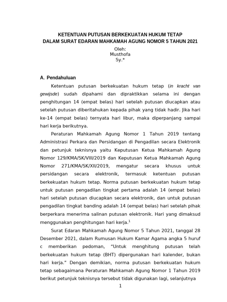 Artikel Ketentuan BHT Dalam SEMA No. 5 Tahun 2021 Oleh Musthofa Sy. HT PTA Banjarmasin | PDF