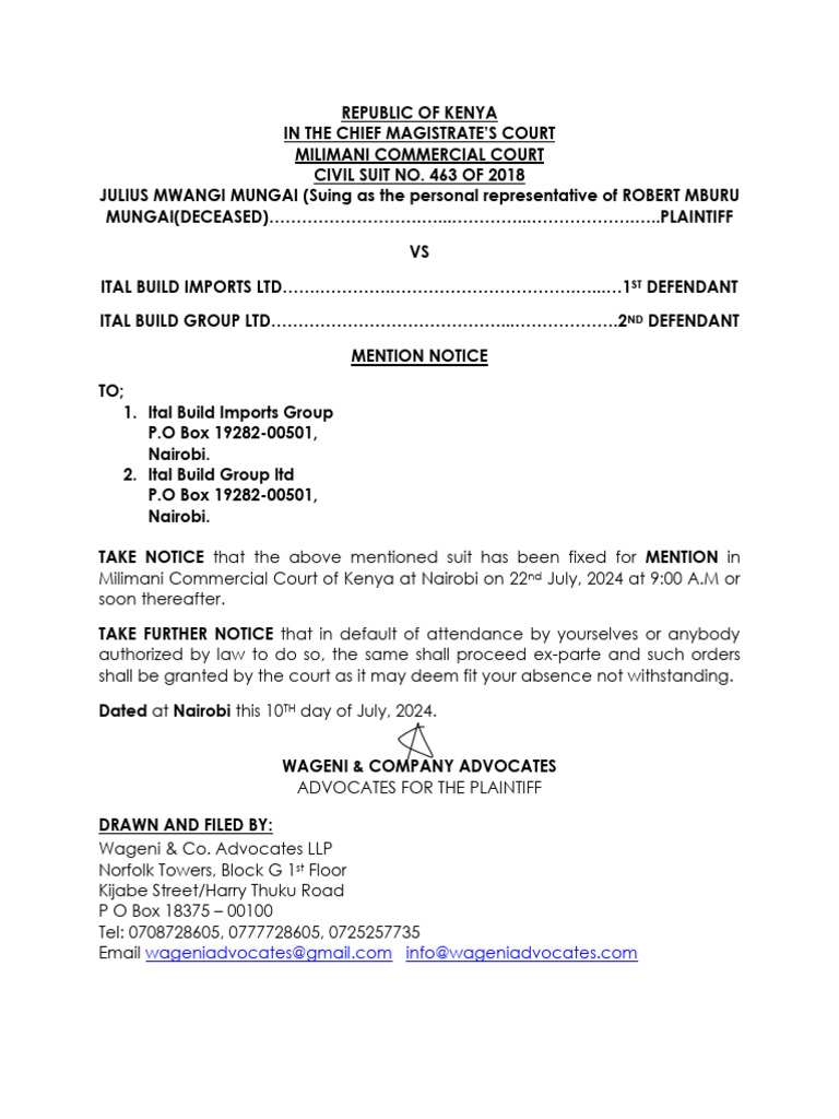 Mention Notice for Civil Suit 463/2018 | PDF