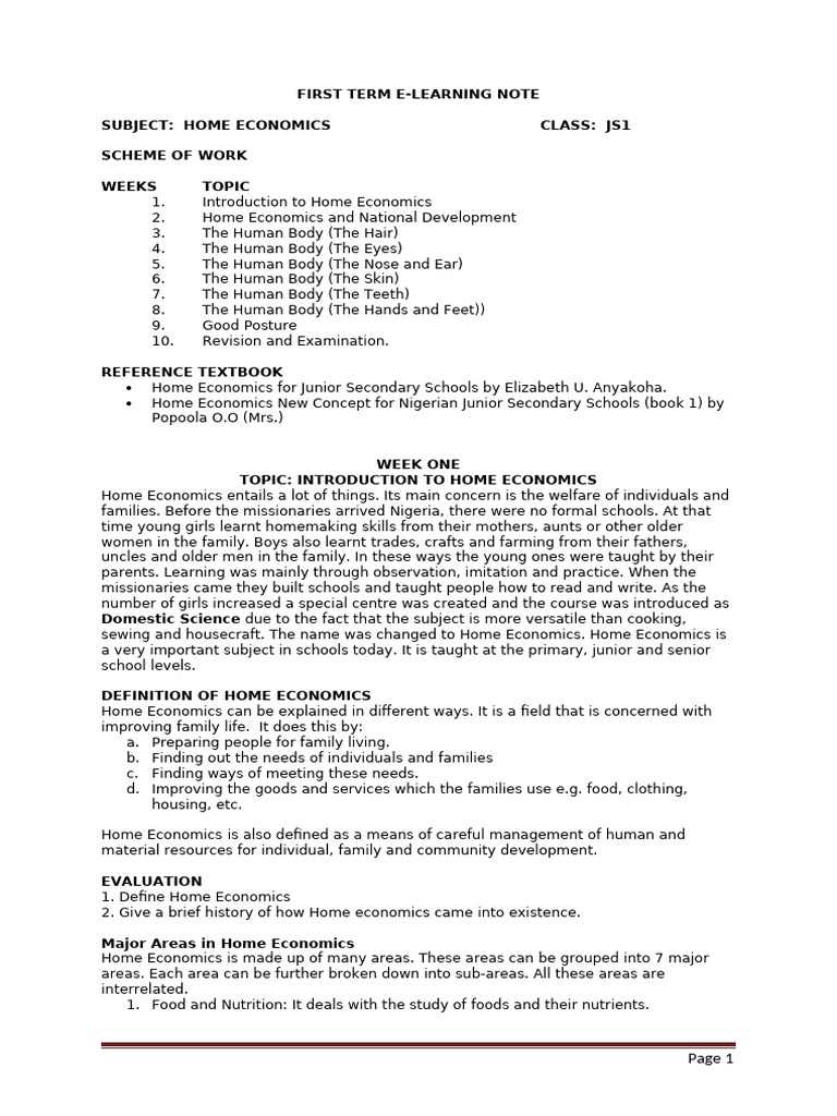 Home-Economics Notes For Year 7 First Term | PDF