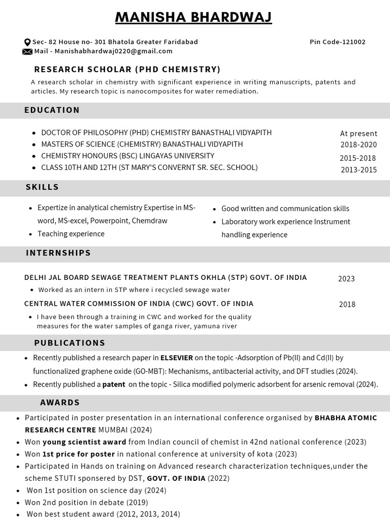 Manisha Bhardwaj Resume (2024) | PDF