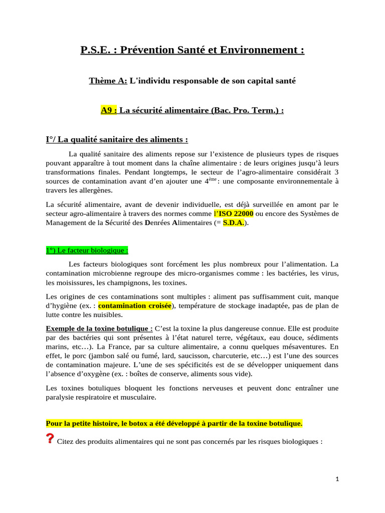 PSE Thème A Module A9 La Sécurité Alimentaire V2 | PDF