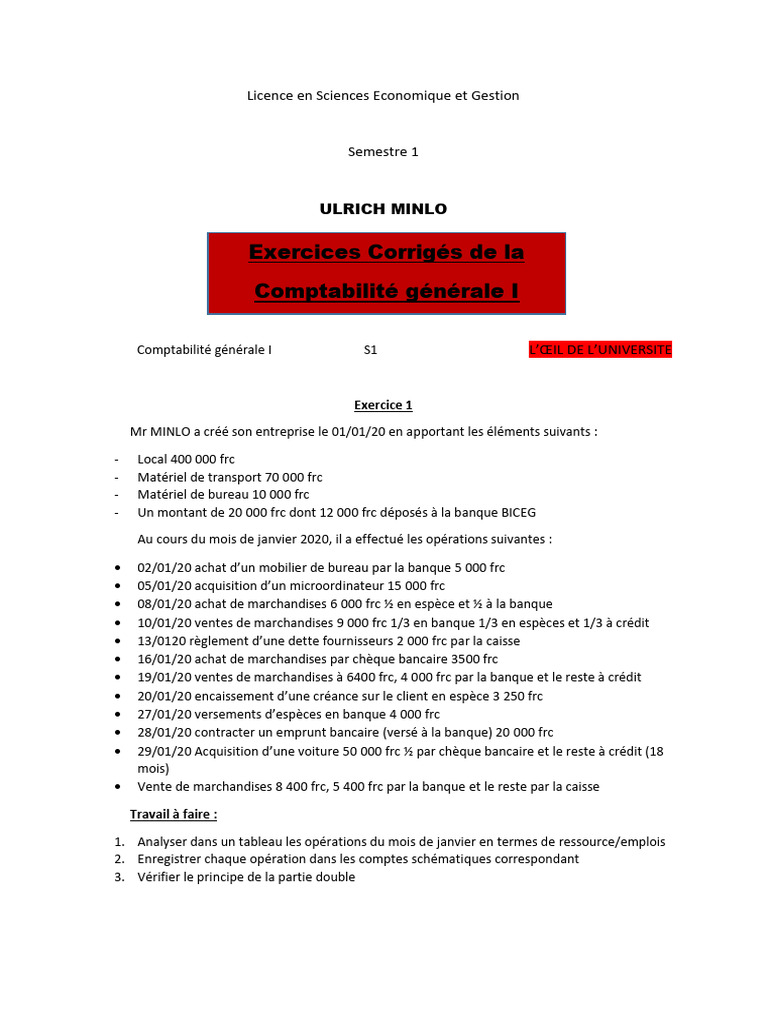 Exercice Corrigé de Comptabilité Générale Licence 1-1 | PDF