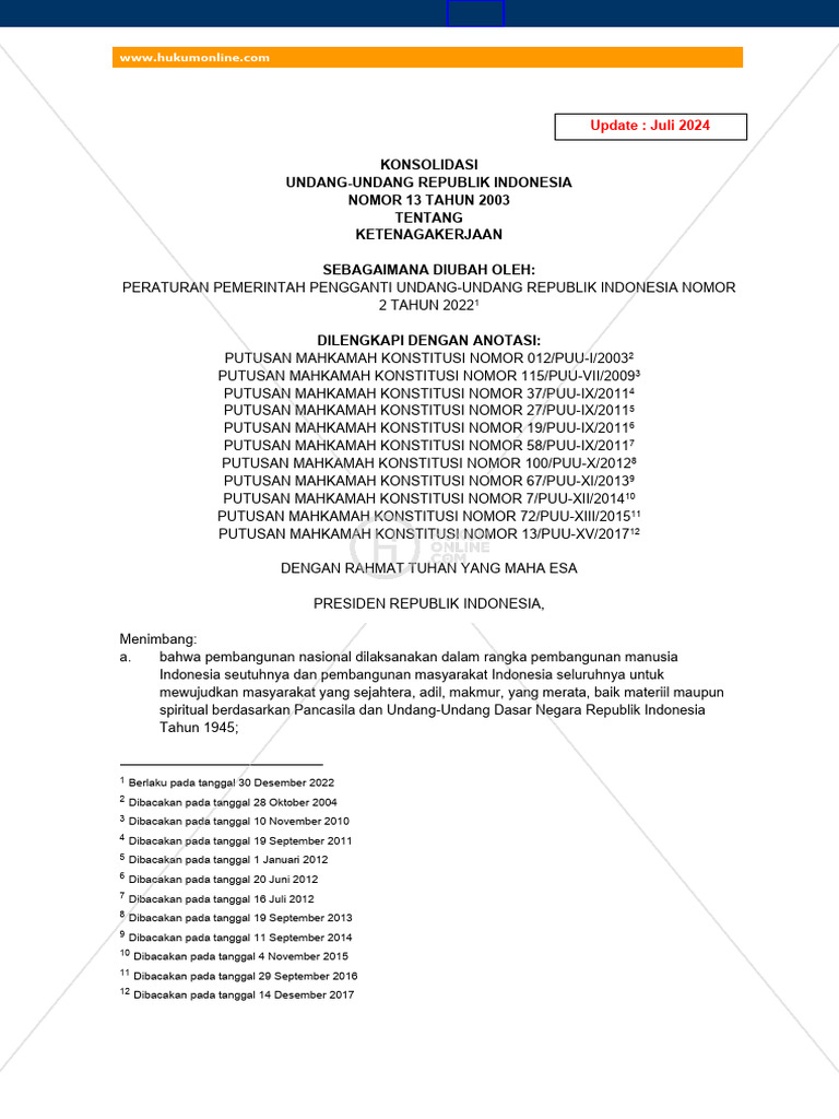 UU Ketenagakerjaan Konsolidasi (UU No. 13 Tahun 2003) | PDF