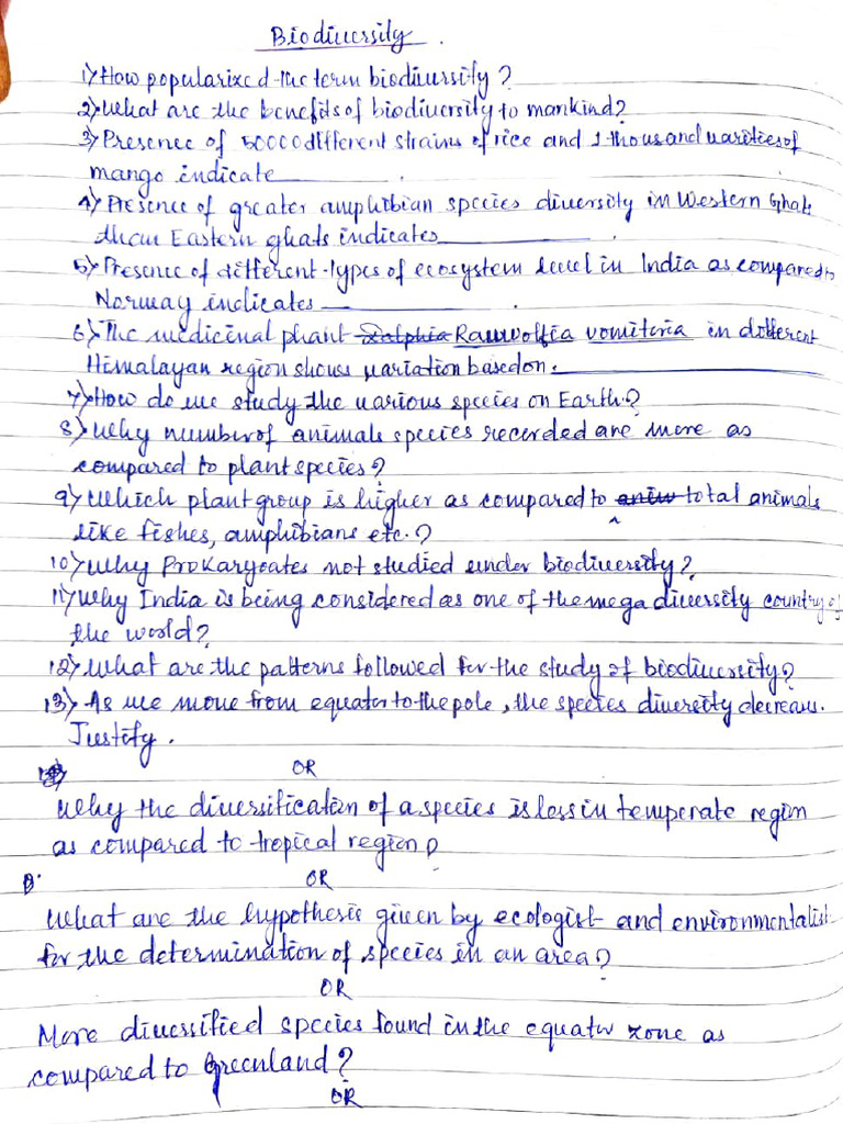 Biodiversity Handwritten Questions | PDF
