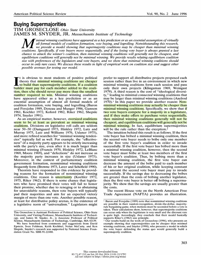 Groseclose Synder 1996 Buying Supermajorities | PDF