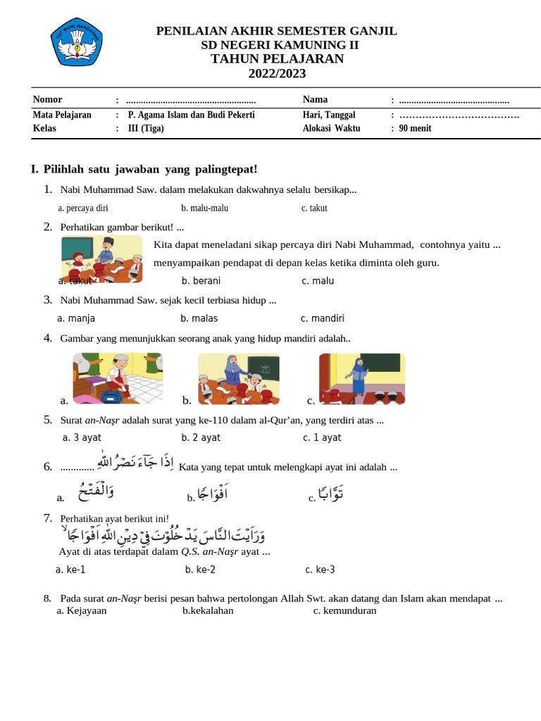 Soal Pas Pai &BP Kelas 3 Sem 1 | PDF