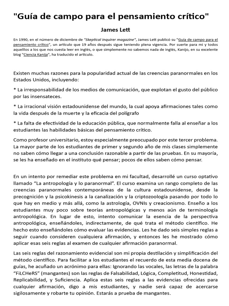 Guía de Campo para El Pensamiento Crítico - James Lett (Articulo) | PDF