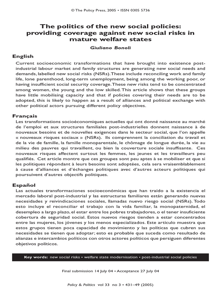 BONOLI (2005) - The Politics of The New Social Policies | PDF