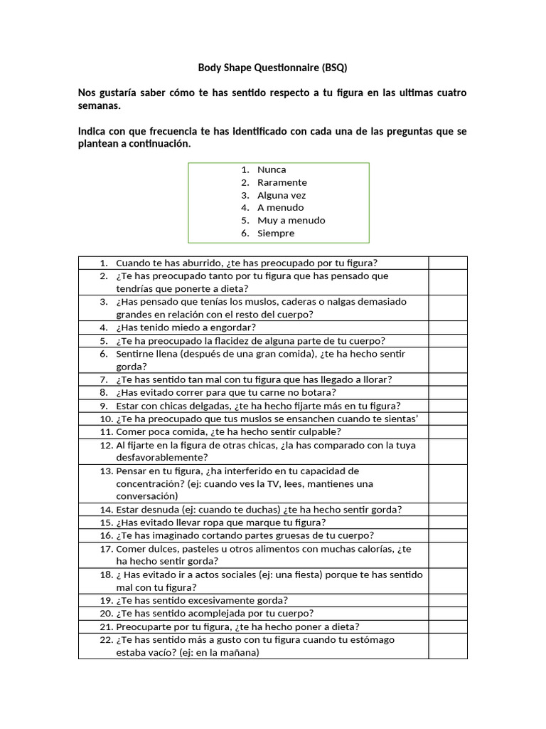 Body Shape Questionnaire | PDF