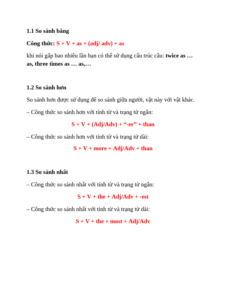 S + V + as + (adj/ adv) + as: 1.1 So sánh bằng Công thức: twice as … as, three times as … as,… | PDF