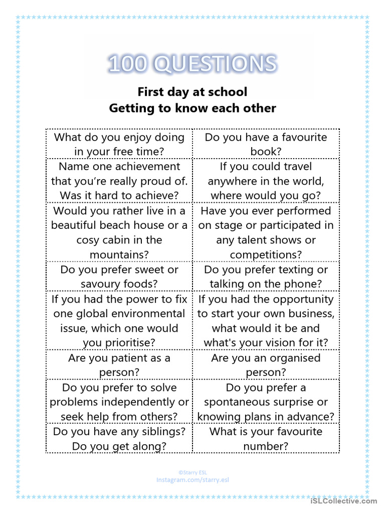 100 "FIRST DAY AT SCHOOL" QUESTIONS (Get To Know Each Other) | PDF