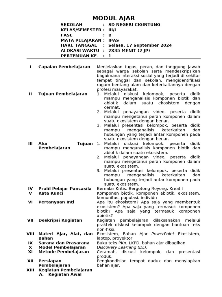Contoh Modul Ajar Model Pembelajaran DL - Ipas - Kelas Iii | PDF
