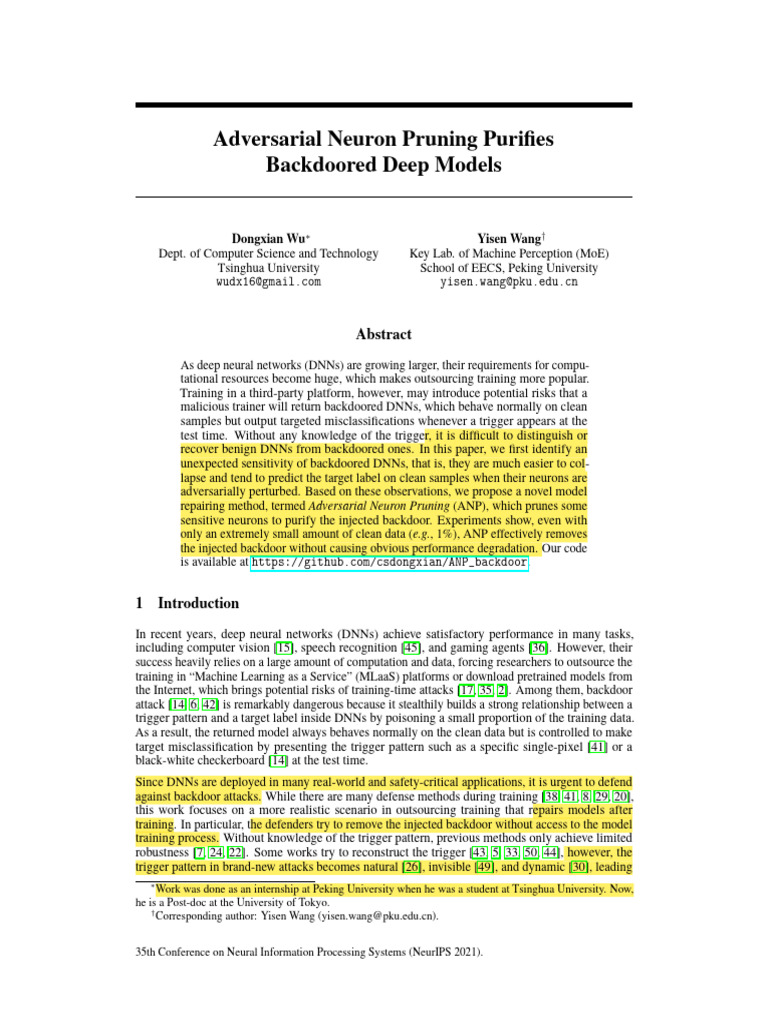 Adversarial Neuron Pruning Purifies | PDF