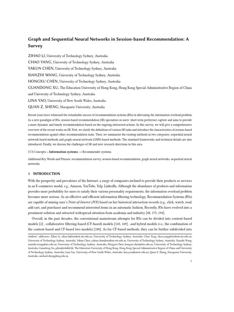 Graph and Sequential Neural Networks in Session-Based Recommendation - A Survey | PDF