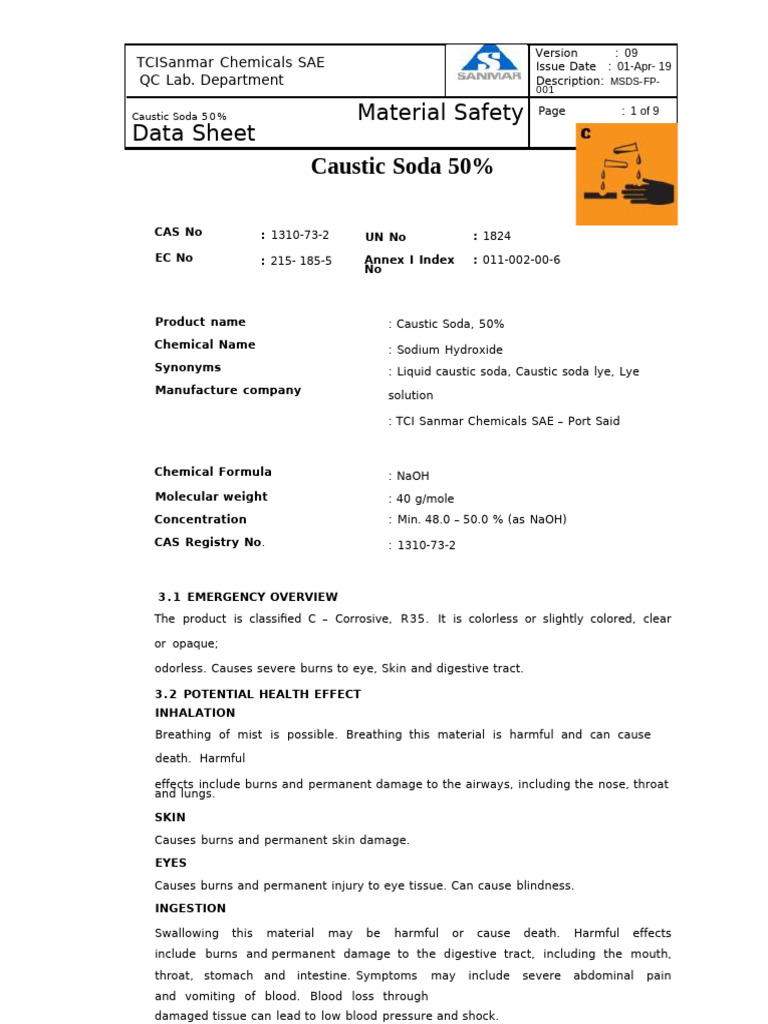 MSDS-FP-001 - CSL 50% - 2020 | PDF | Sodium Hydroxide | Wellness