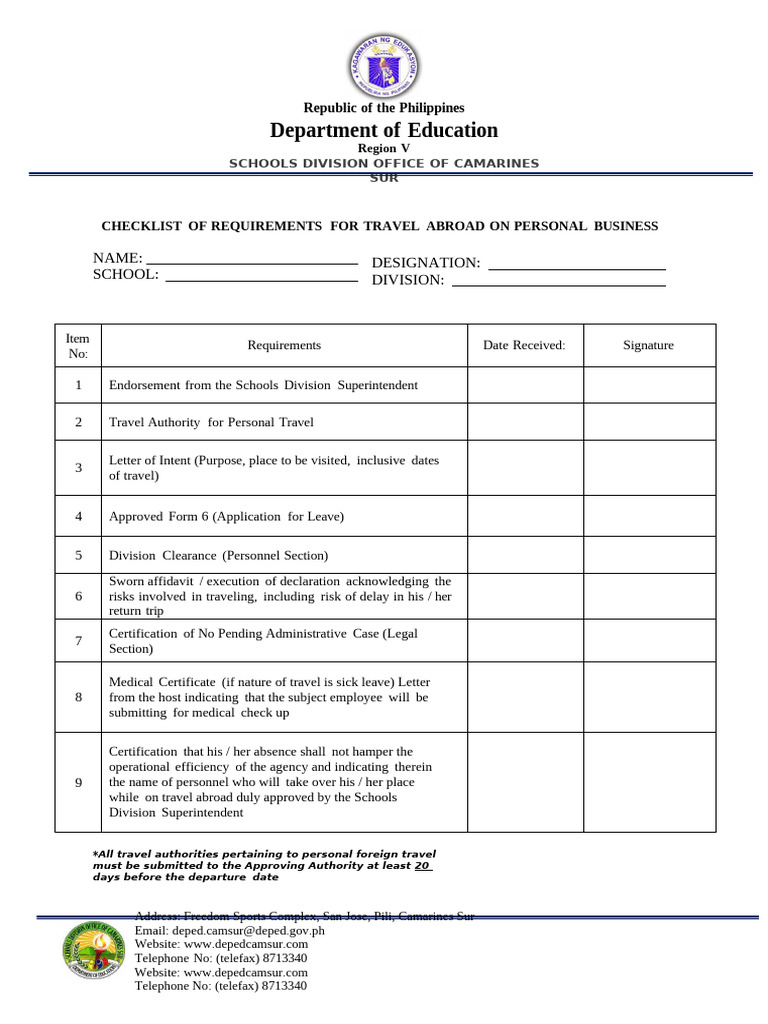 Travel Abroad Personal - Checklist | PDF