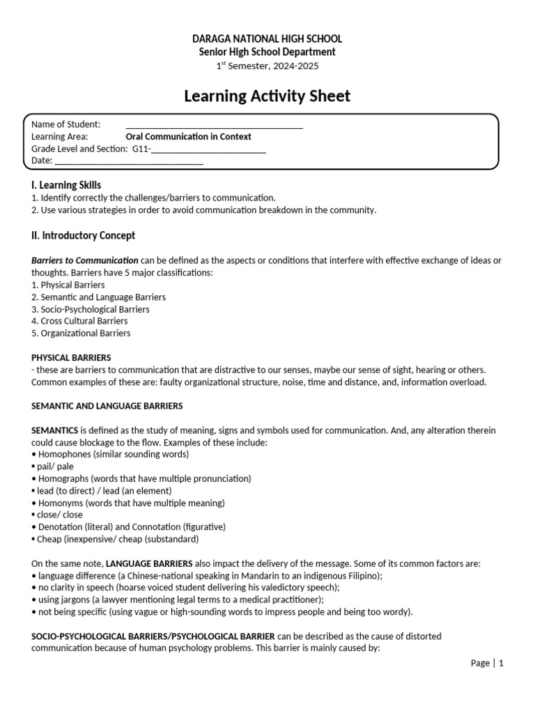 BARRIERS TO COMMUNICATION - LEARNING ...