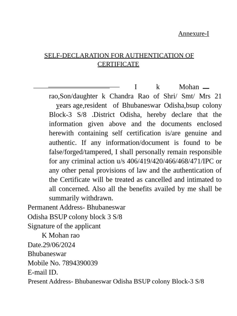 Annexure-I Self-Declaration For Authentication of Certificate | PDF