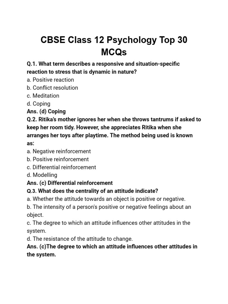 Cbse Class 12 Psychology Top 30 Mcqs | PDF
