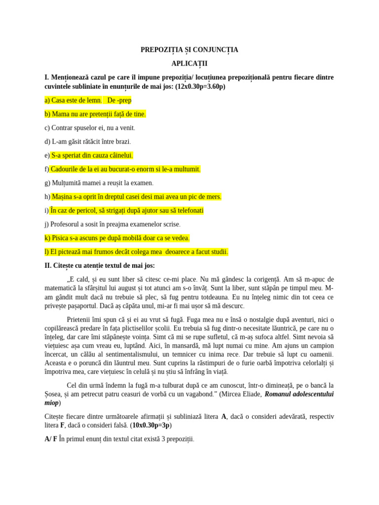 Prepozitia Si Conjunctia Aplicatii | PDF
