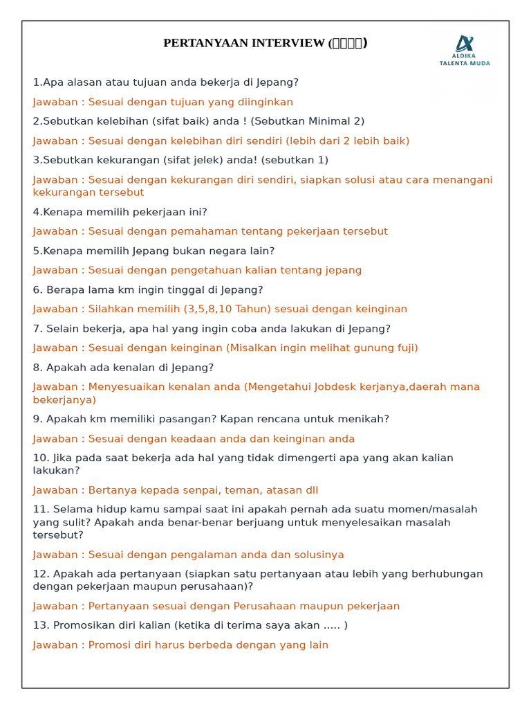 Kisi-Kisi Mensetsu LPK Tmi | PDF