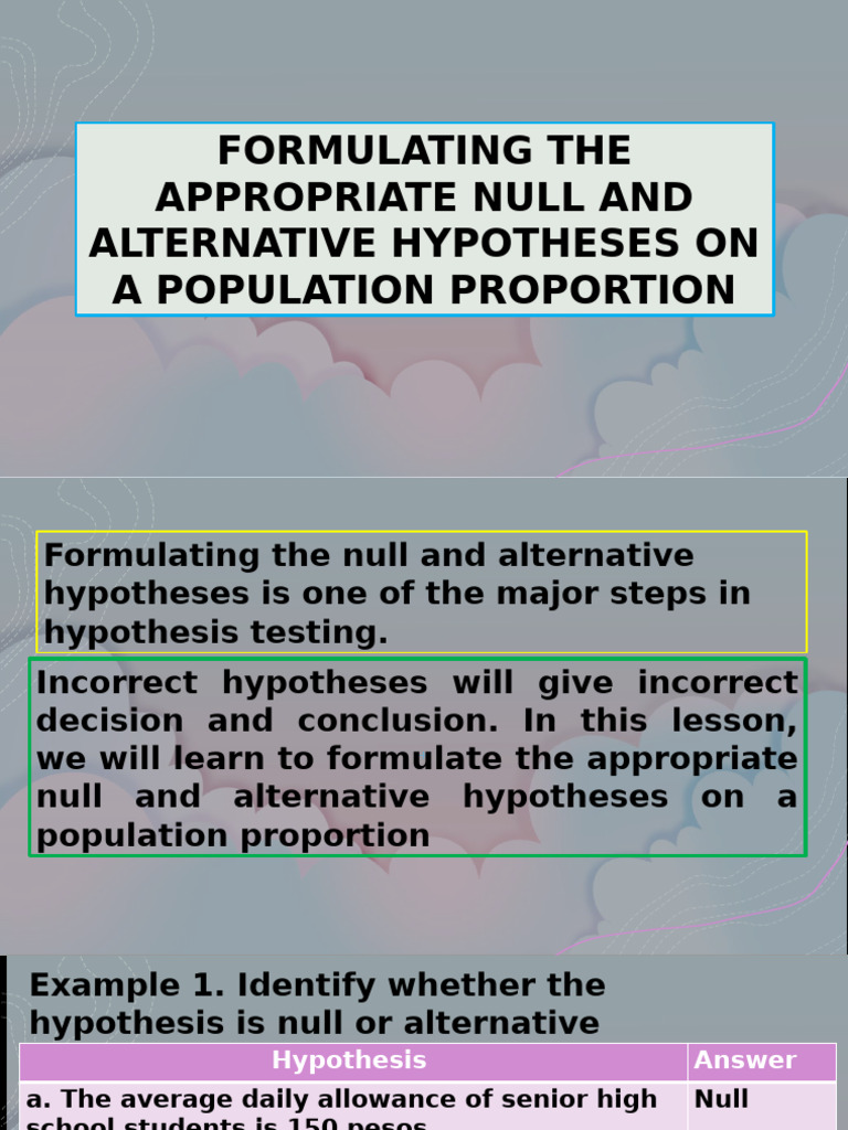 M11 12SP IV e 2 Formulating Null and Alternative Hypothesis On Population Proportion | PDF
