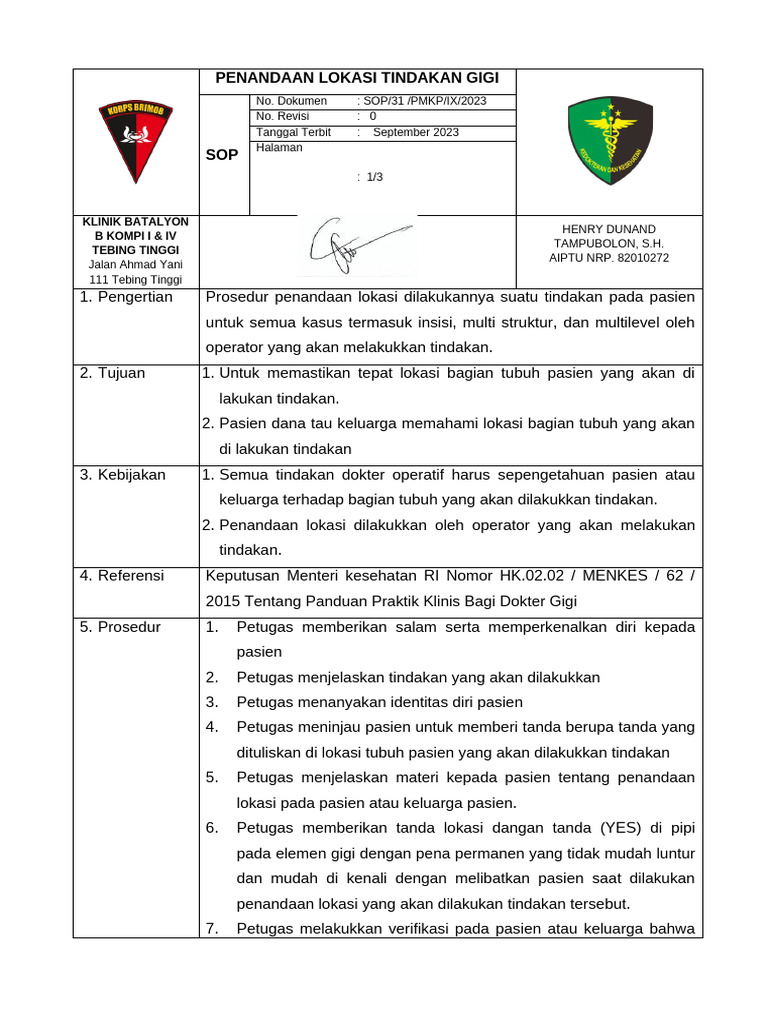 Sop Penandaan Lokasi Pra Pembedahan Operasi Gigi Di Kamar Operasi | PDF