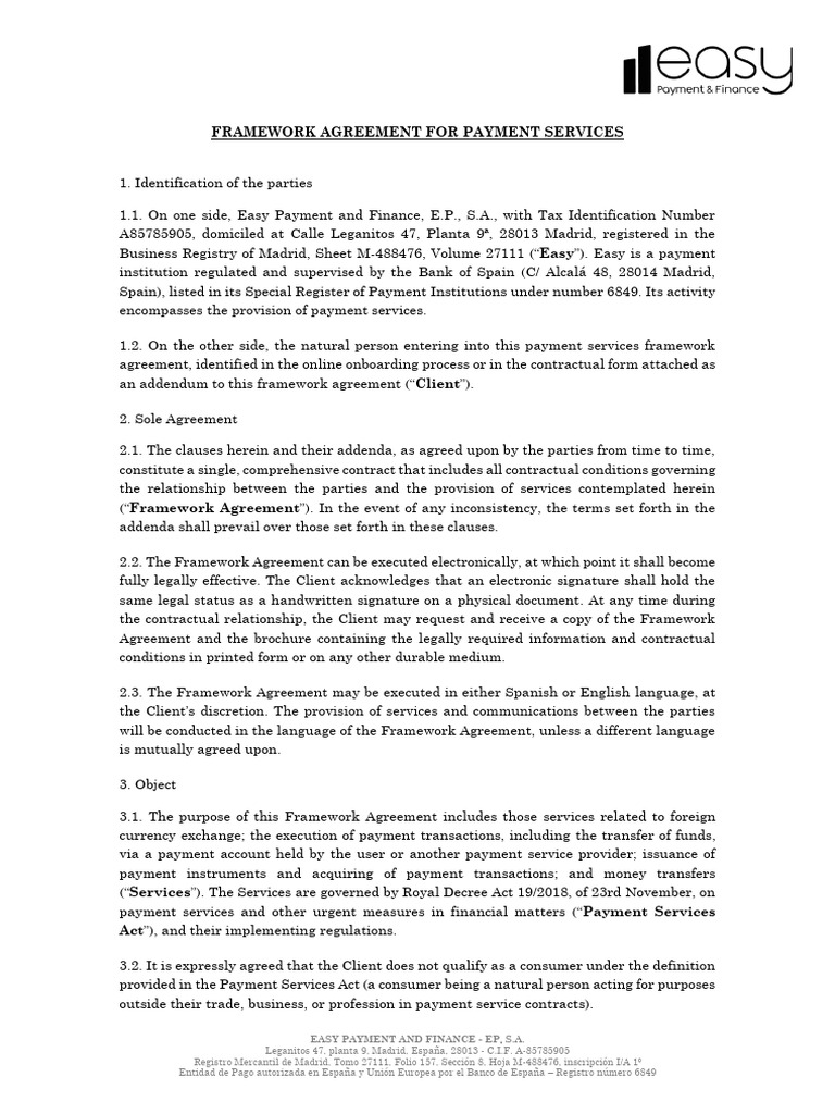 EASY EP - Framework Agreement Payment Services - Consumer | PDF