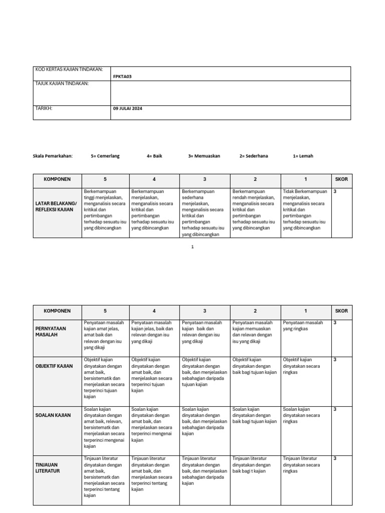 Rubrik - Borang Penilaian Artikel Kajian Tindakan - FPKTA03 | PDF