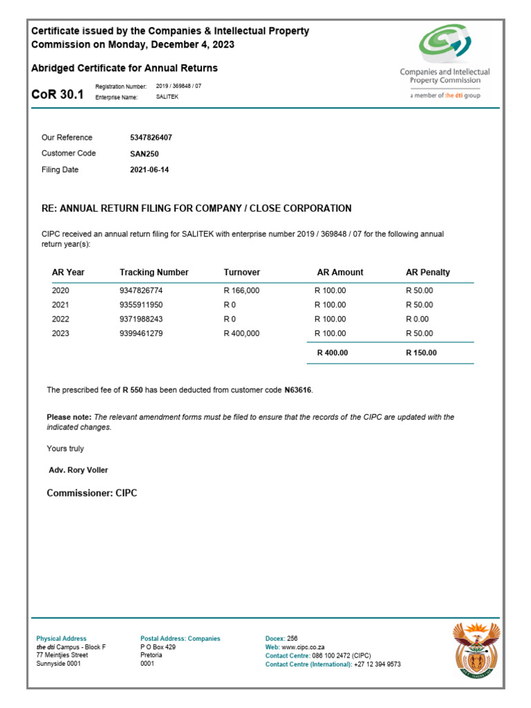 Certificate Issued by The Companies & Intellectual Property Commission ...