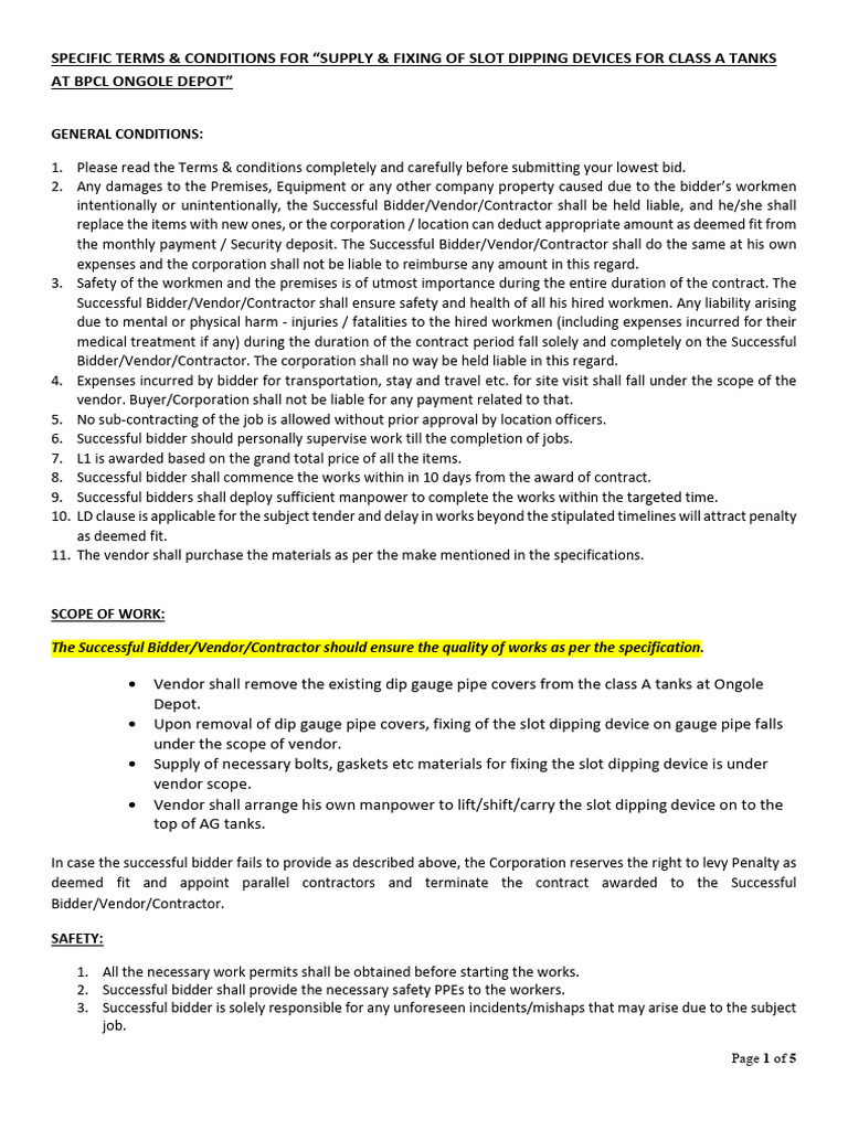 Specific Terms & Conditions For "Supply & Fixing of Slot Dipping ...