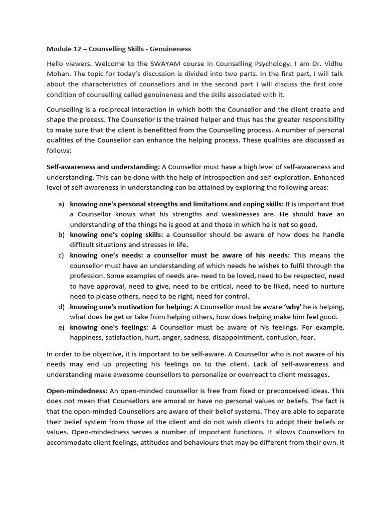 Module 12 - Counselling Skills - Genuineness | PDF