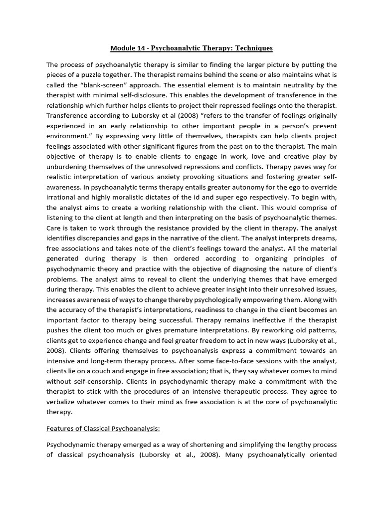 Module 14 - Psychoanalytic Therapy - Techniques | PDF