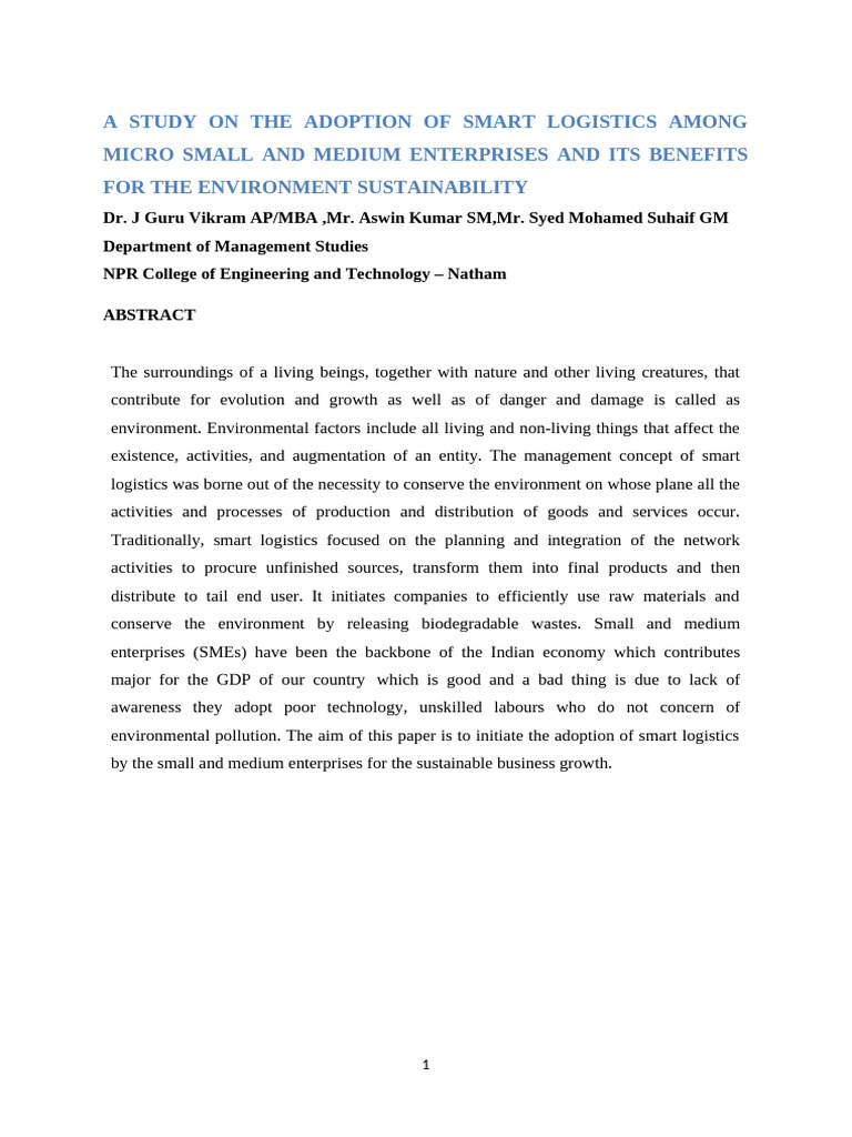 Adoption of MSME in Smart Logistics | PDF