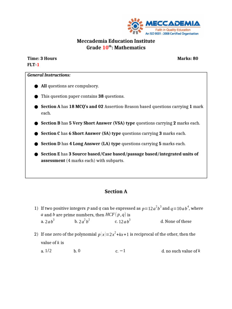 Maths GR 10 FLT-1 QP | PDF