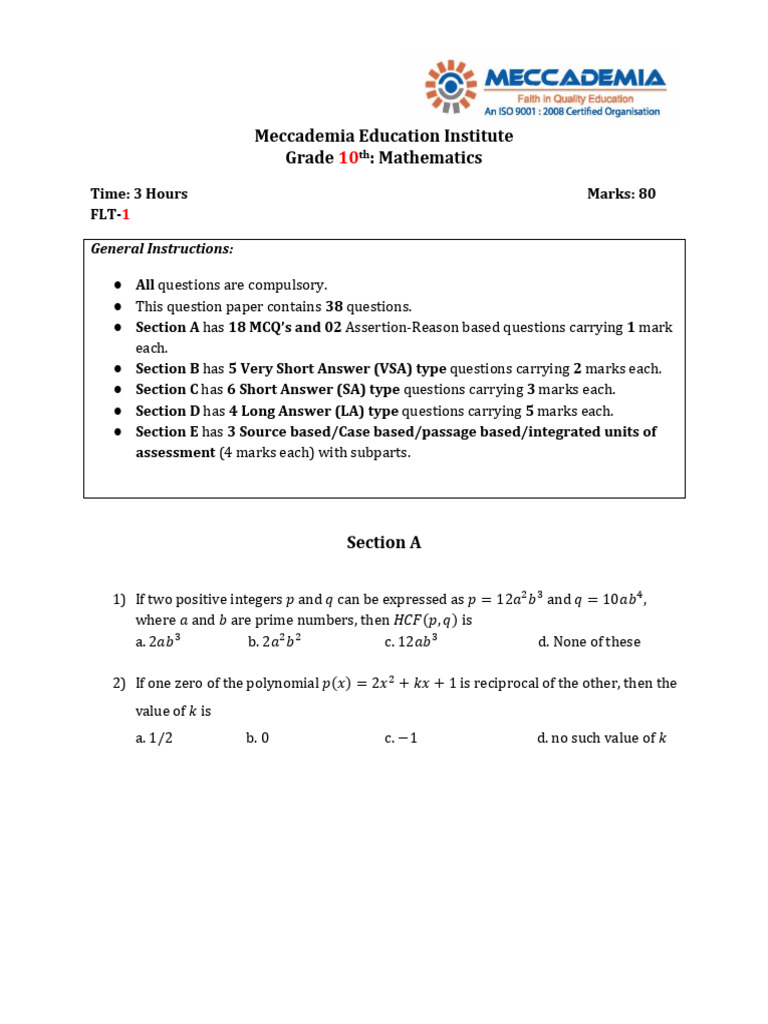 Maths Gr 10 FLT-1 QP | PDF
